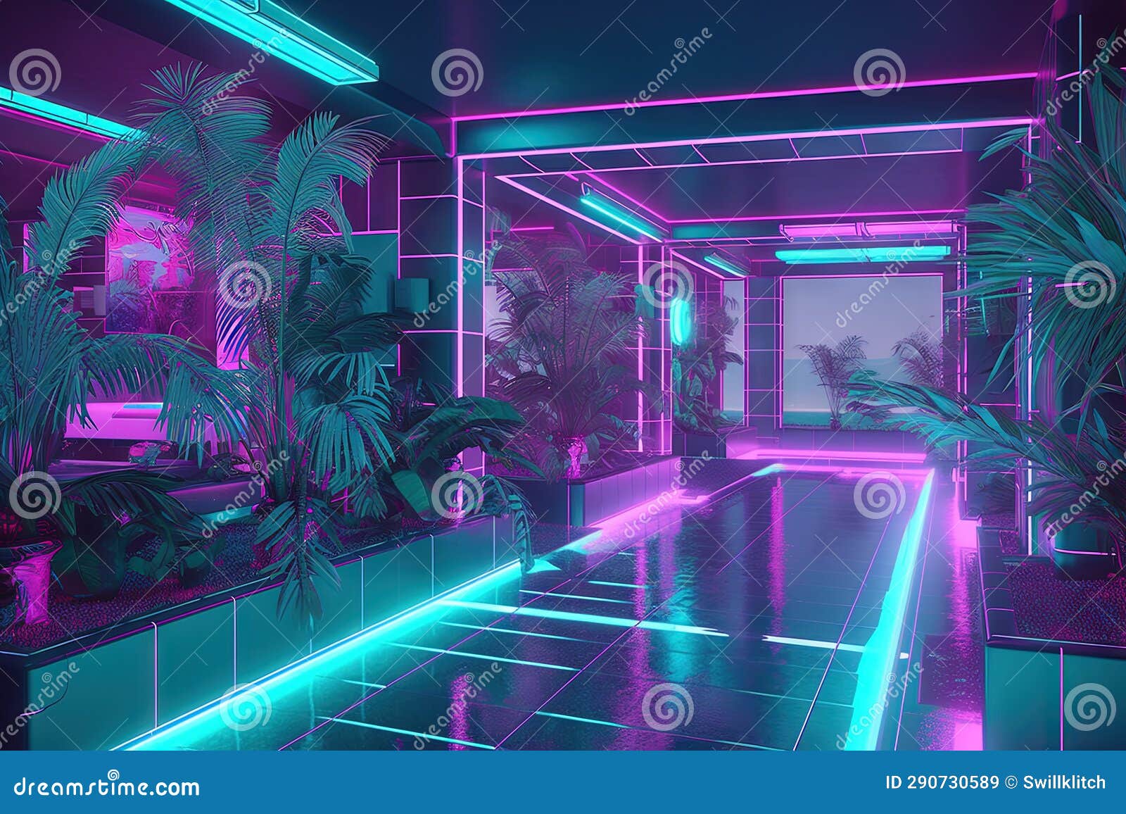 Neon Lightened Hotel Lobby in Synthwave Style. Blue and Purple Hotel ...