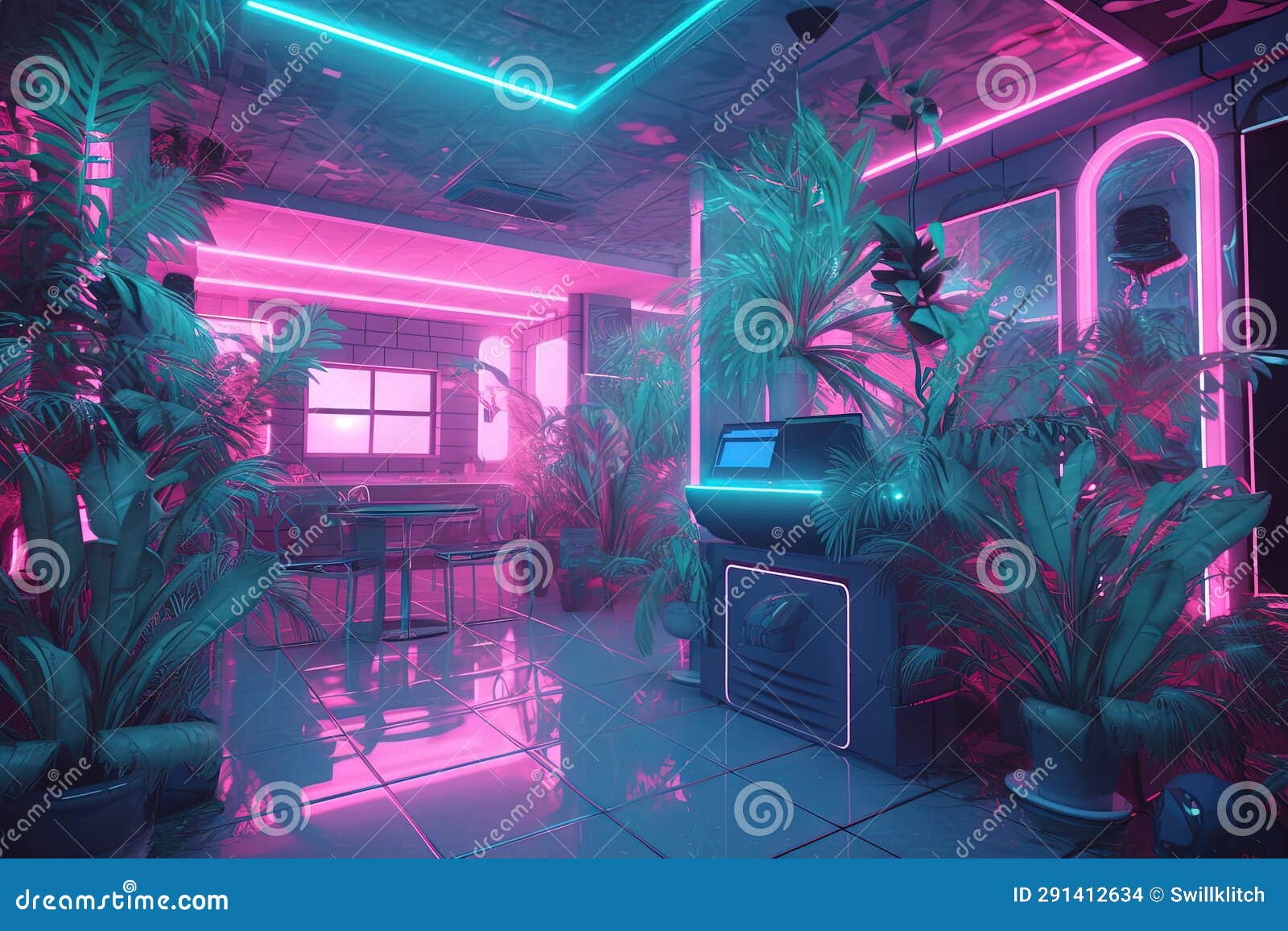 Neon Lightened Hotel Lobby In Synthwave Style. Blue And Purple Hotel ...