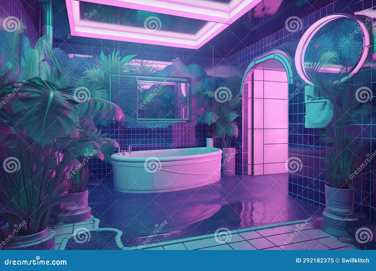 Neon Lightened Hotel Lobby in Synthwave Style. Blue and Purple Hotel ...