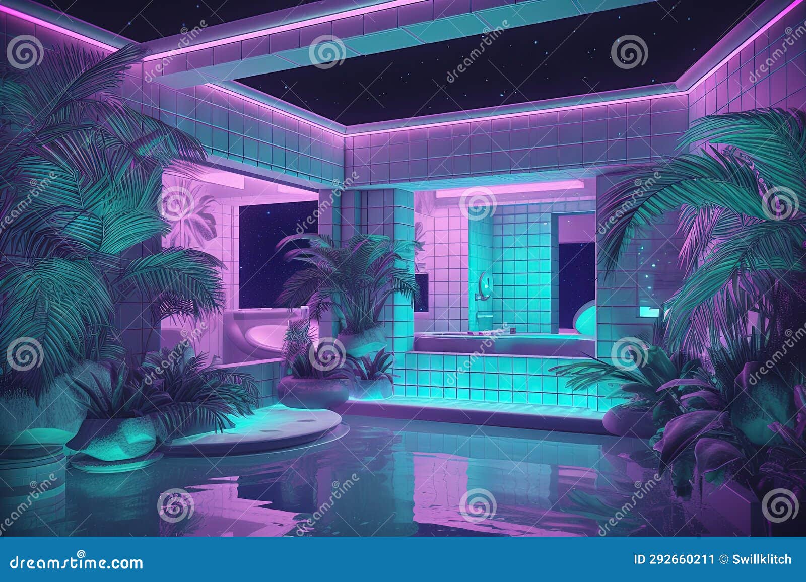 Neon Lightened Hotel Lobby in Synthwave Style. Blue and Purple Hotel ...