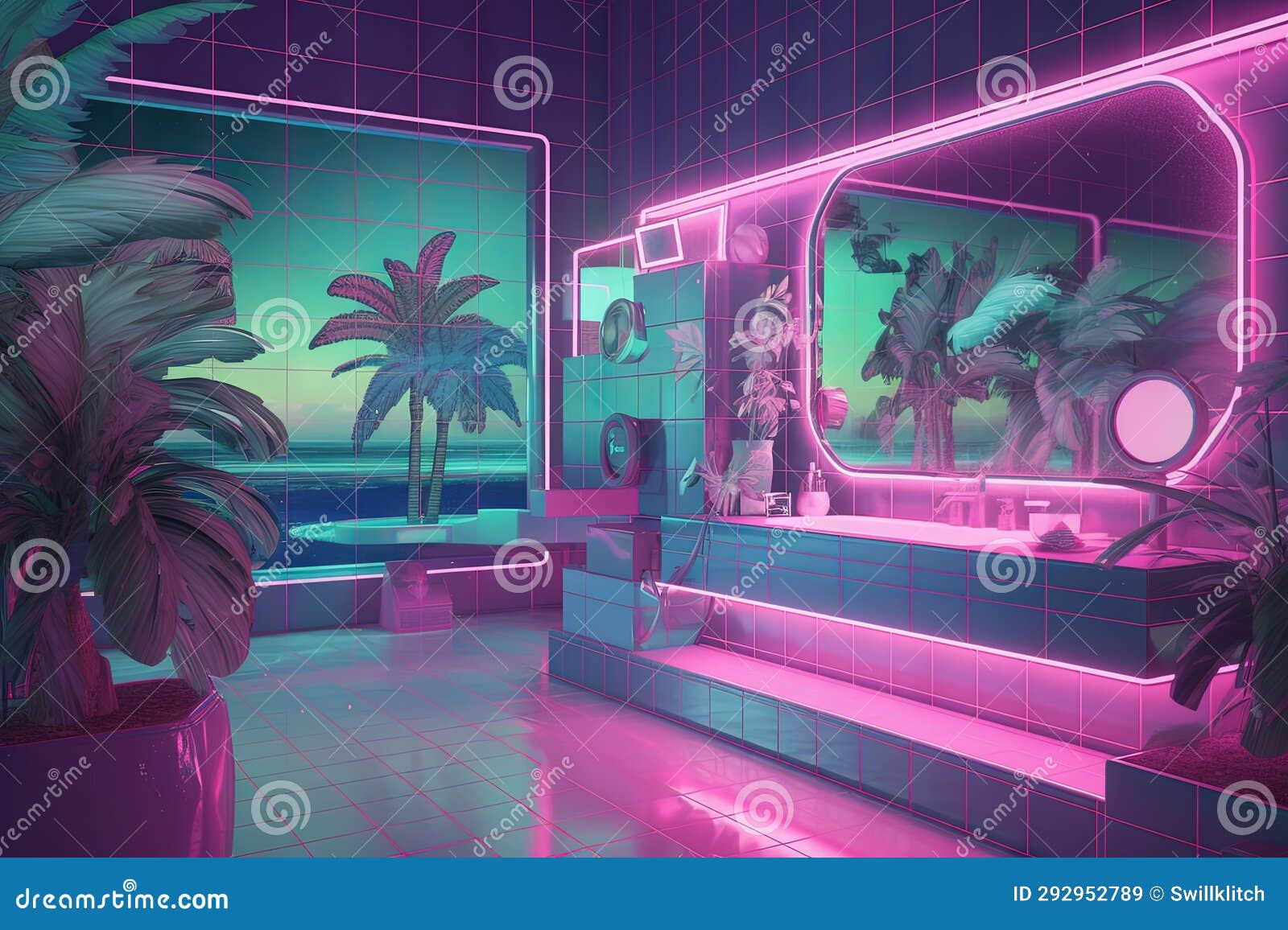 Neon Lightened Hotel Lobby In Synthwave Style. Blue And Purple Hotel ...