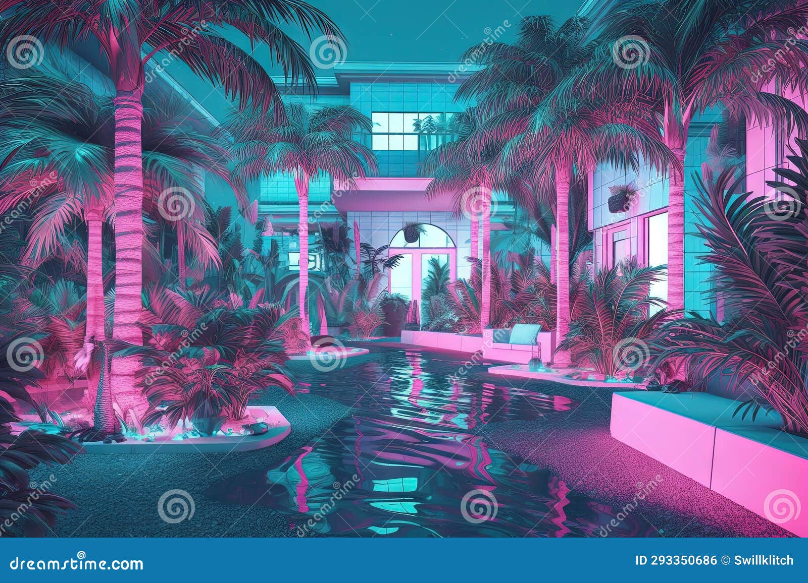 Neon Lightened Hotel Lobby in Synthwave Style. Blue and Purple Hotel ...