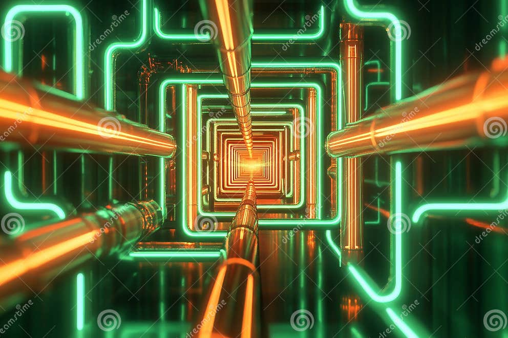 A Neon Lighting Background Featuring a Maze of Glowing Green and Orange ...