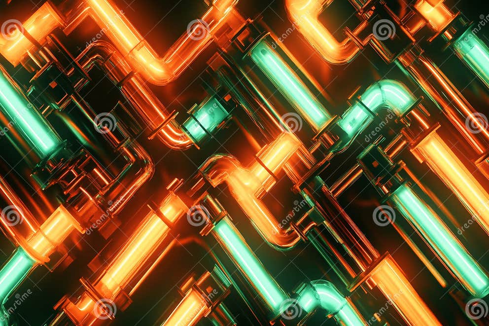 A Neon Lighting Background Featuring a Maze of Glowing Green and Orange ...