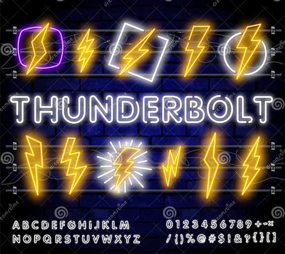 Big Neon Set Of Lightning Bolt Glowing Electric Flash Sign