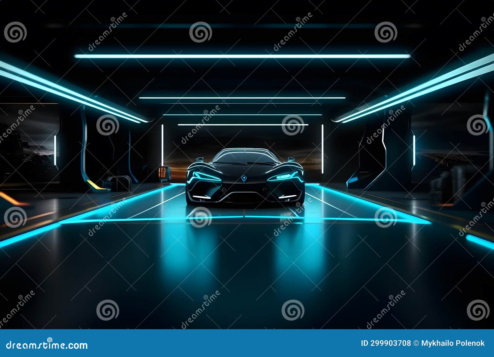 Neon Lights Grunge Sci Fi Garage with Car. Neural Network AI Generated ...