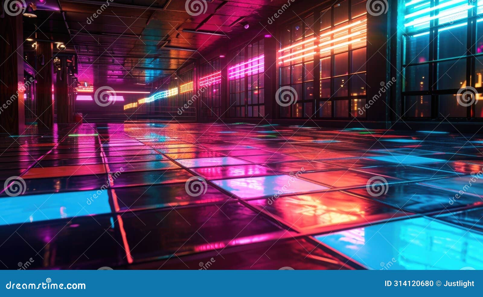 The Neon Lights Reflect Off the Shiny Surface of the Dance Floor ...