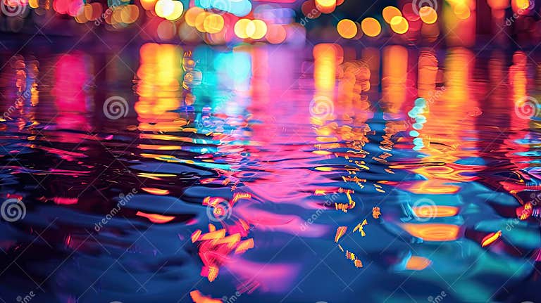 Neon Lights Reflecting Off Water, Creating a Mesmerizing Ripple Effect ...