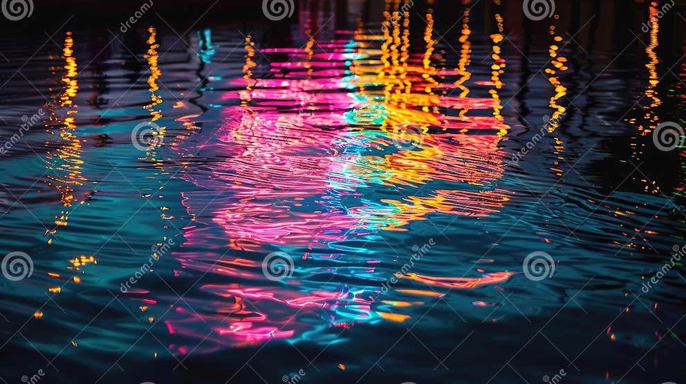 Neon Lights Reflecting Off Water, Creating a Mesmerizing Ripple Effect ...