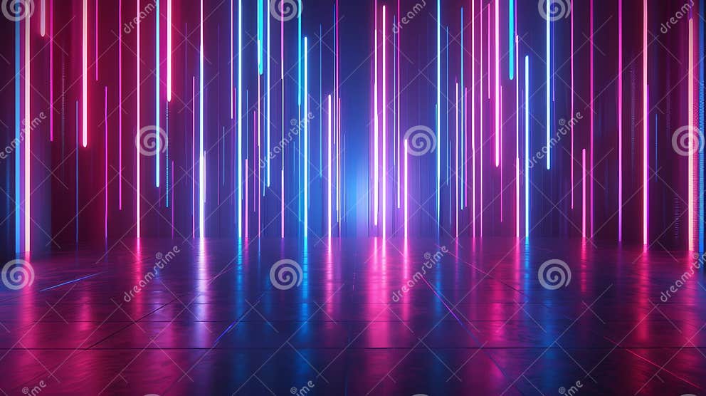 Neon Lights Reflection on Tiled Floor - 3D Render Stock Illustration ...
