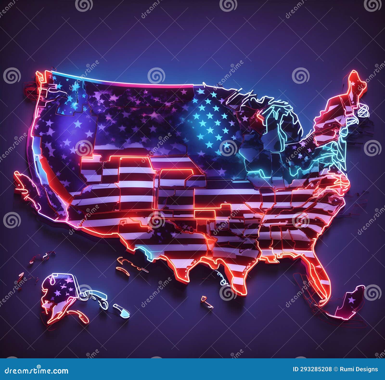 Neon Lights USA America Map Stock Illustration - Illustration of night ...