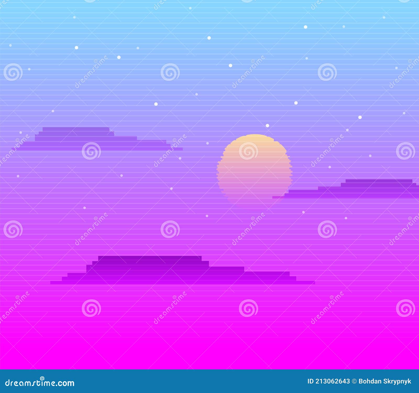 Neon Linear Sky with Clouds Retro Background. Blue Pixel Space with ...