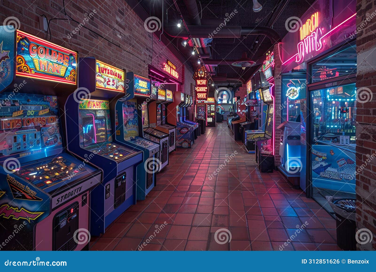 Neon-lit Arcade with Classic Games and a Snack Bar Stock Photo - Image ...