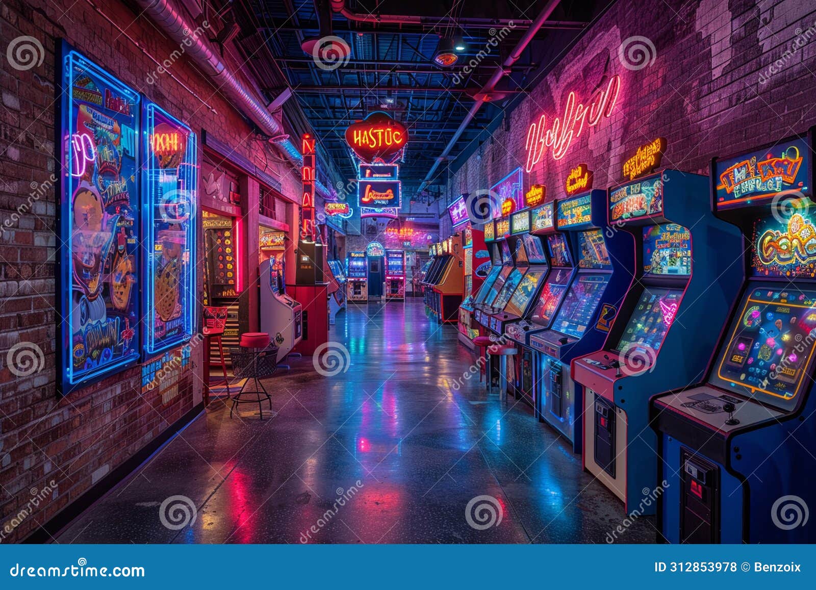 Neon-lit Arcade with Classic Games and a Snack Bar Stock Photo - Image ...