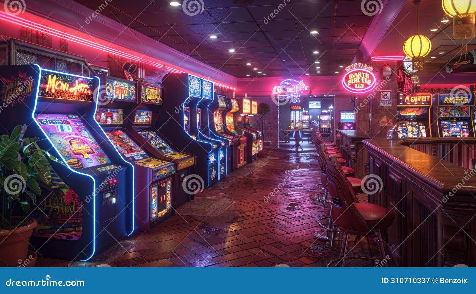 Neon-lit Arcade with Classic Games and a Snack Bar3D Render Stock ...