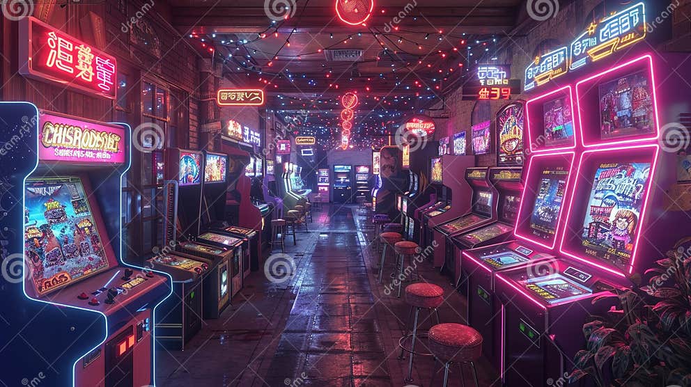 Neon-lit Arcade with Classic Games and a Snack Bar3D Render Stock ...