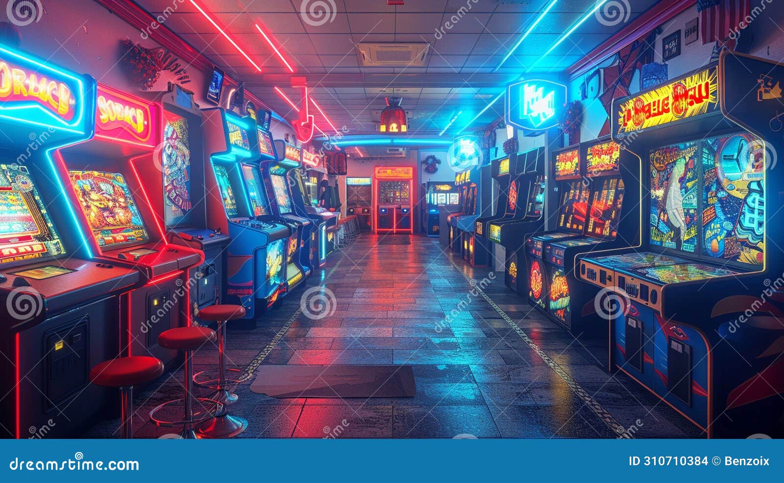 Neon-lit Arcade with Classic Games and a Snack Bar3D Render Stock ...
