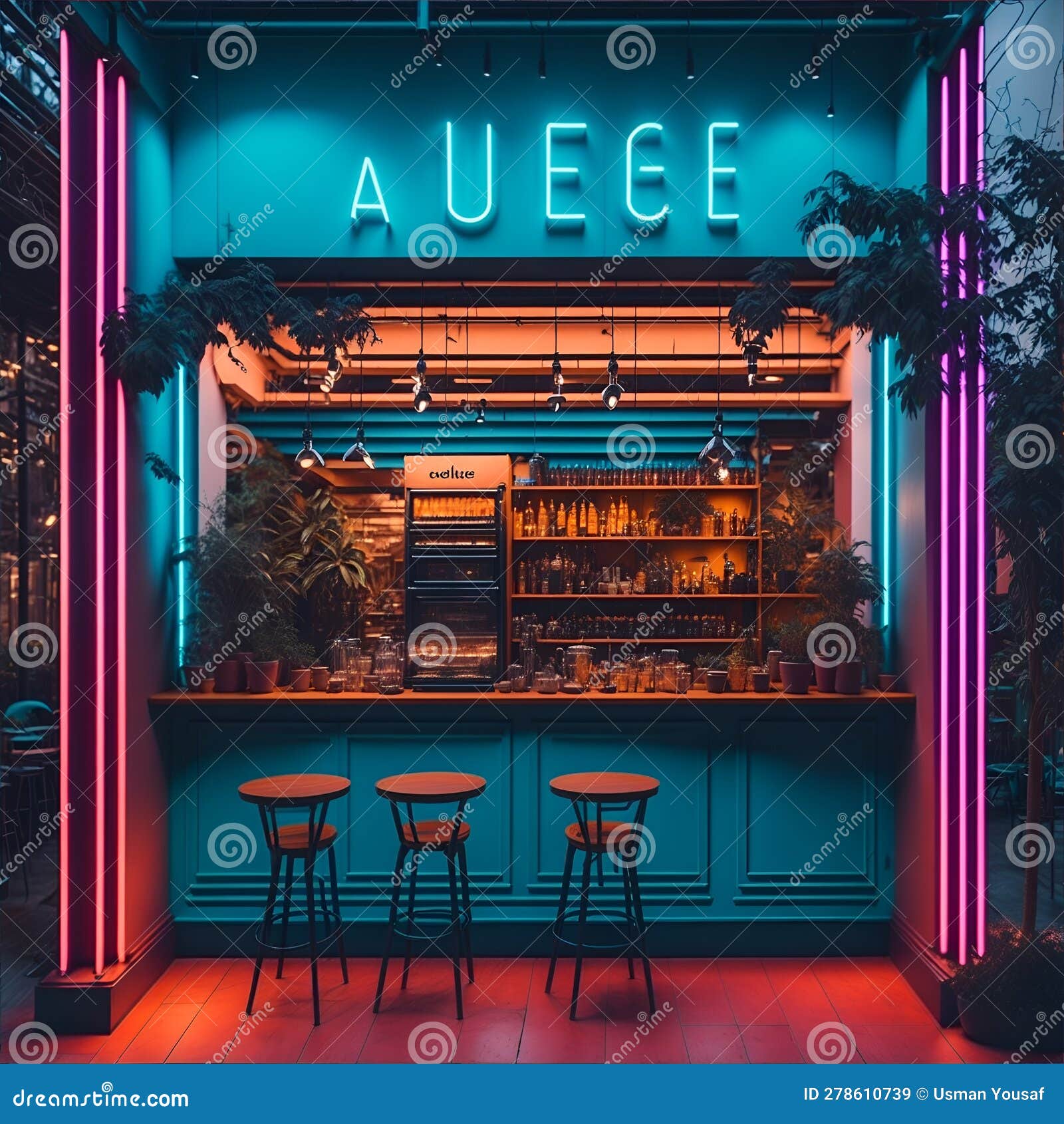 A Neon Lit Bar with Stools in Front of it Created with Generative AI ...
