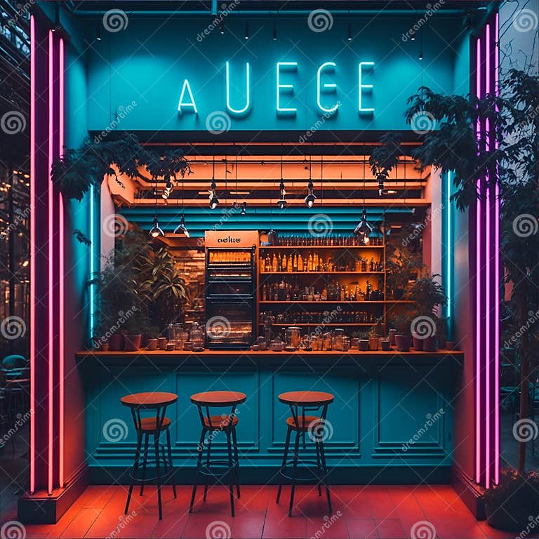 A Neon Lit Bar with Stools in Front of it Created with Generative AI ...