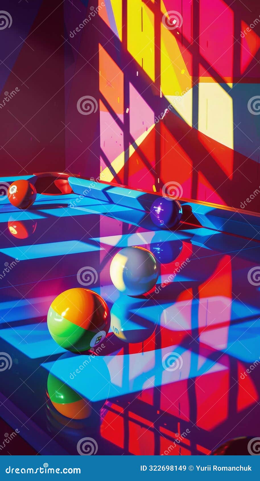 Neon Lit Billiards Balls Rolling on Snooker Table with Abstract ...