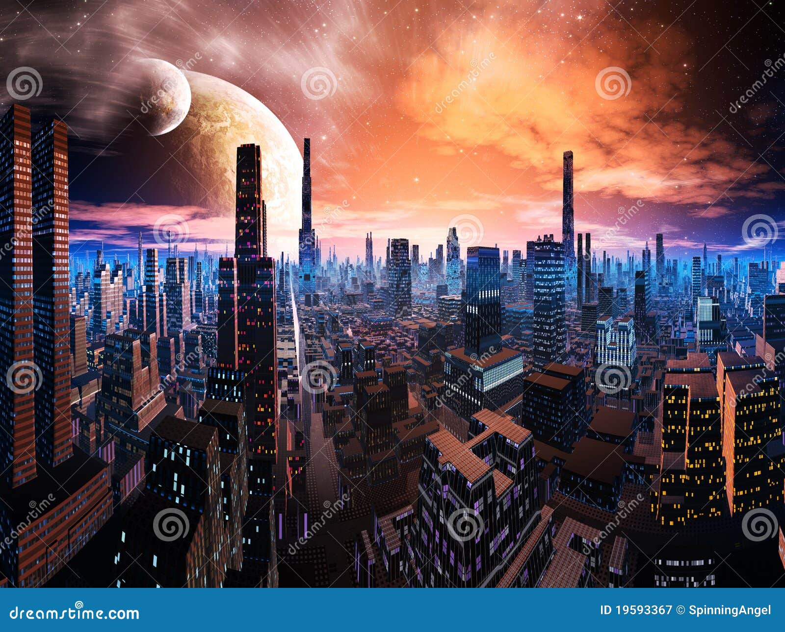 Neon Lit Cityscape on Distant World Stock Illustration - Illustration ...