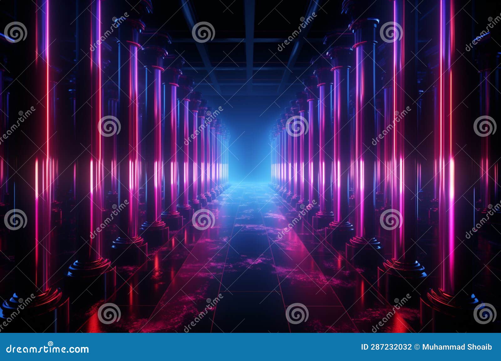 Neon-lit Columns Converge, Framing a 3D Backdrop for Dynamic Digital ...