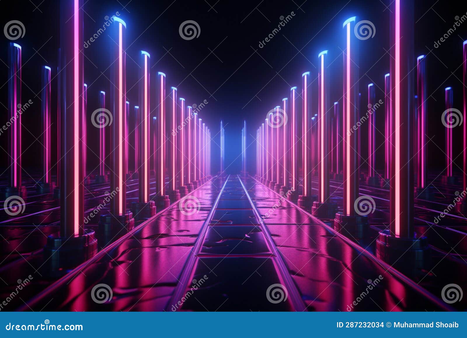 Neon-lit Columns Converge, Framing a 3D Backdrop for Dynamic Digital ...
