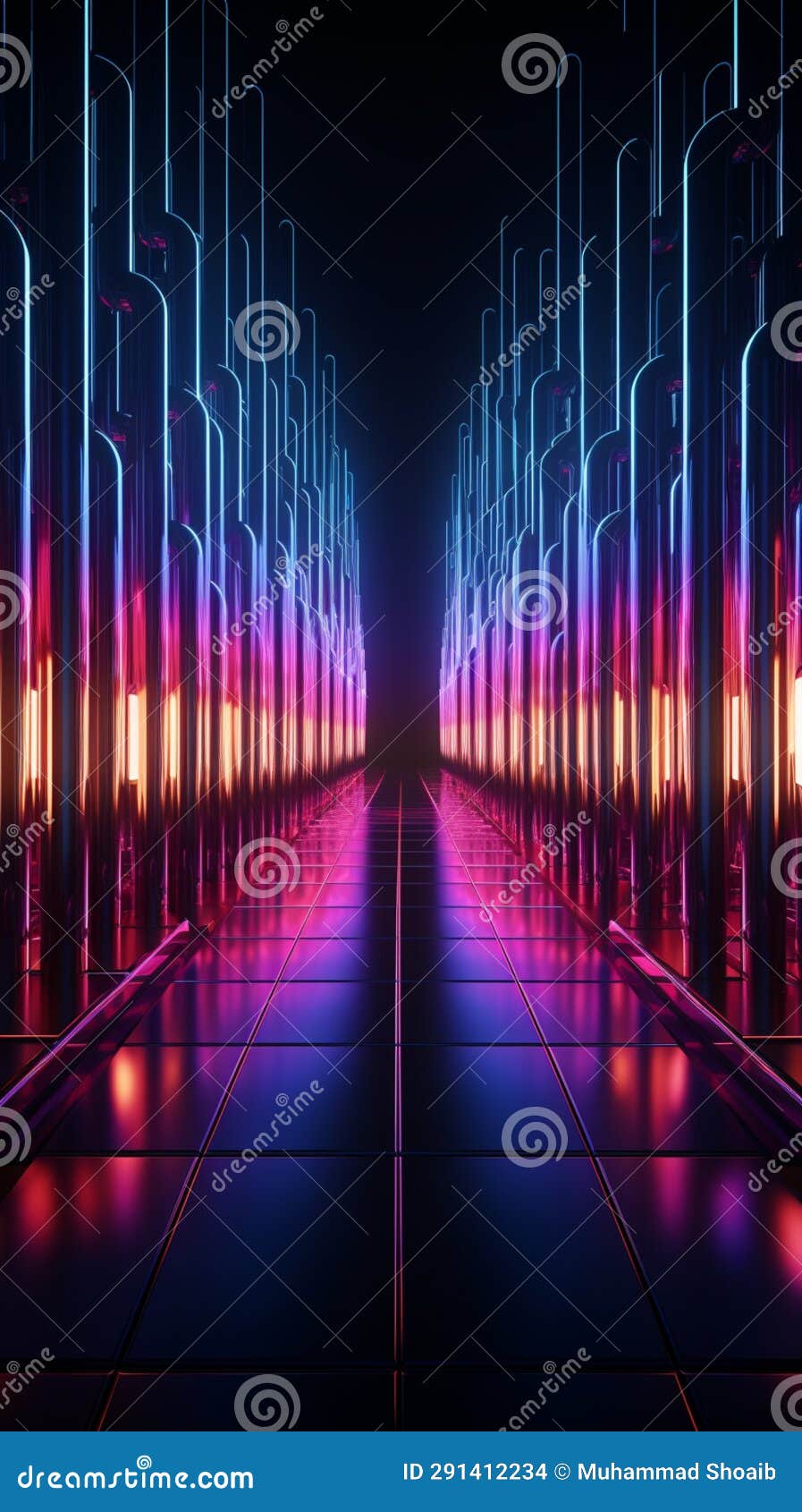 Neon-lit Columns Converge, Framing a 3D Backdrop for Dynamic Digital ...