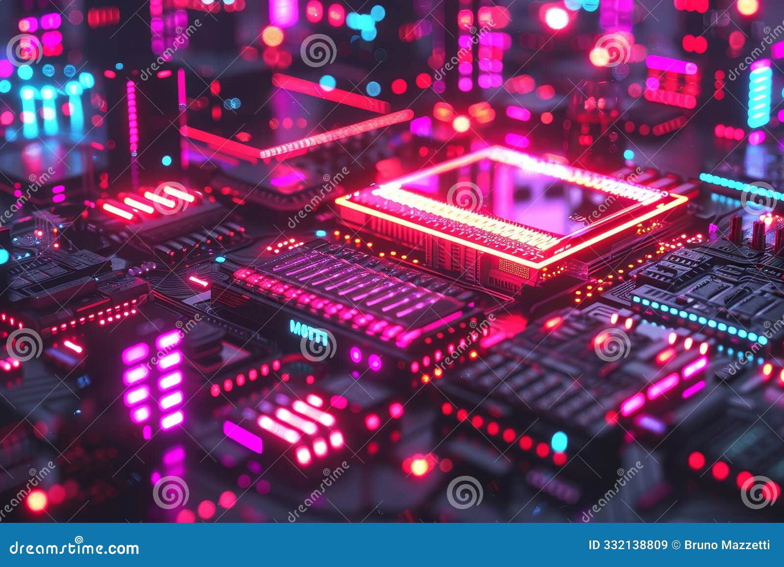 Neon-lit Computer Motherboard with Circuits and Components Illuminated ...