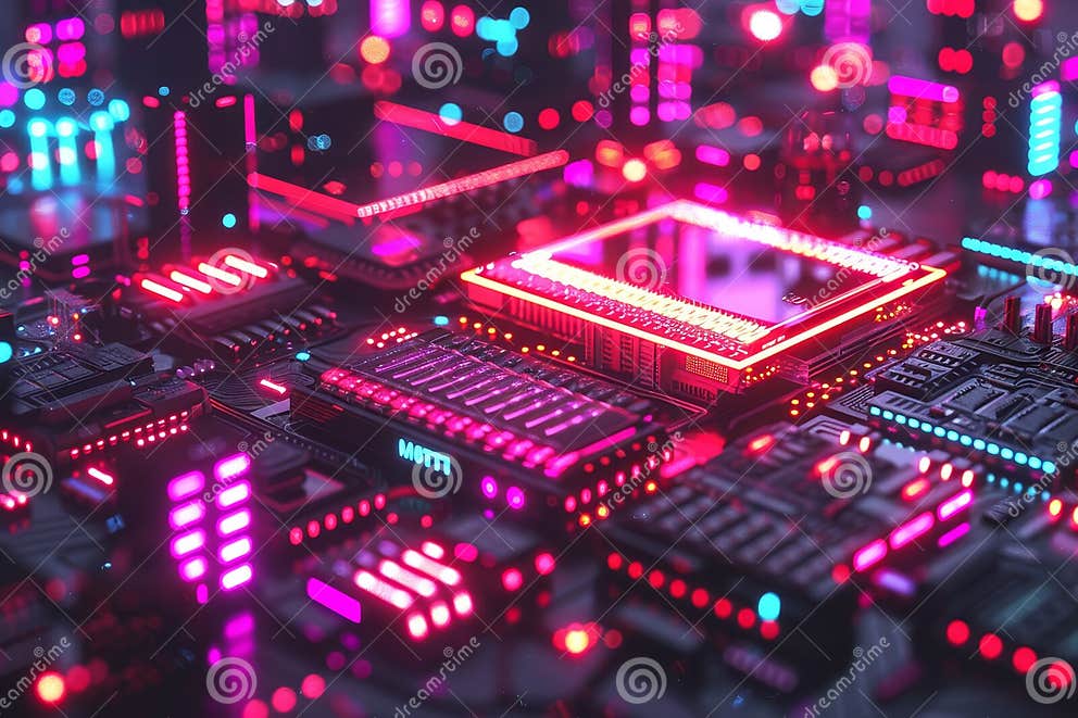 Neon-lit Computer Motherboard with Circuits and Components Illuminated ...
