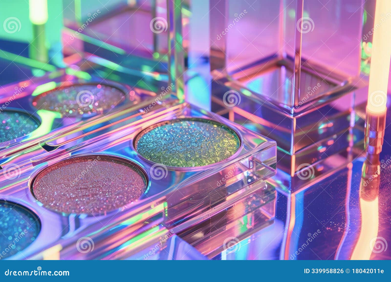 Neon-lit Cosmetics Display with an Array of Shimmering Makeup Palettes ...