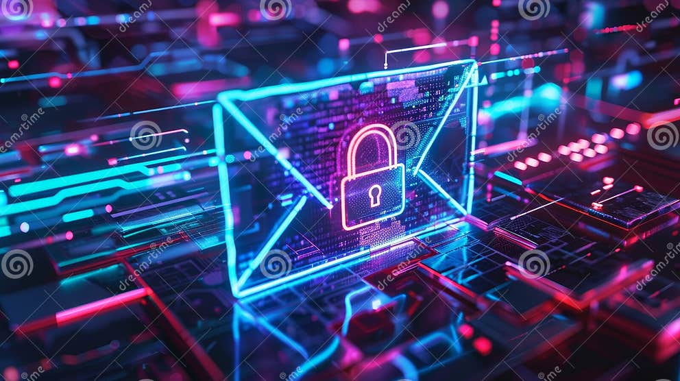 Neon Lit Cyber Security Concept Encrypted Email Symbolized by Padlock ...