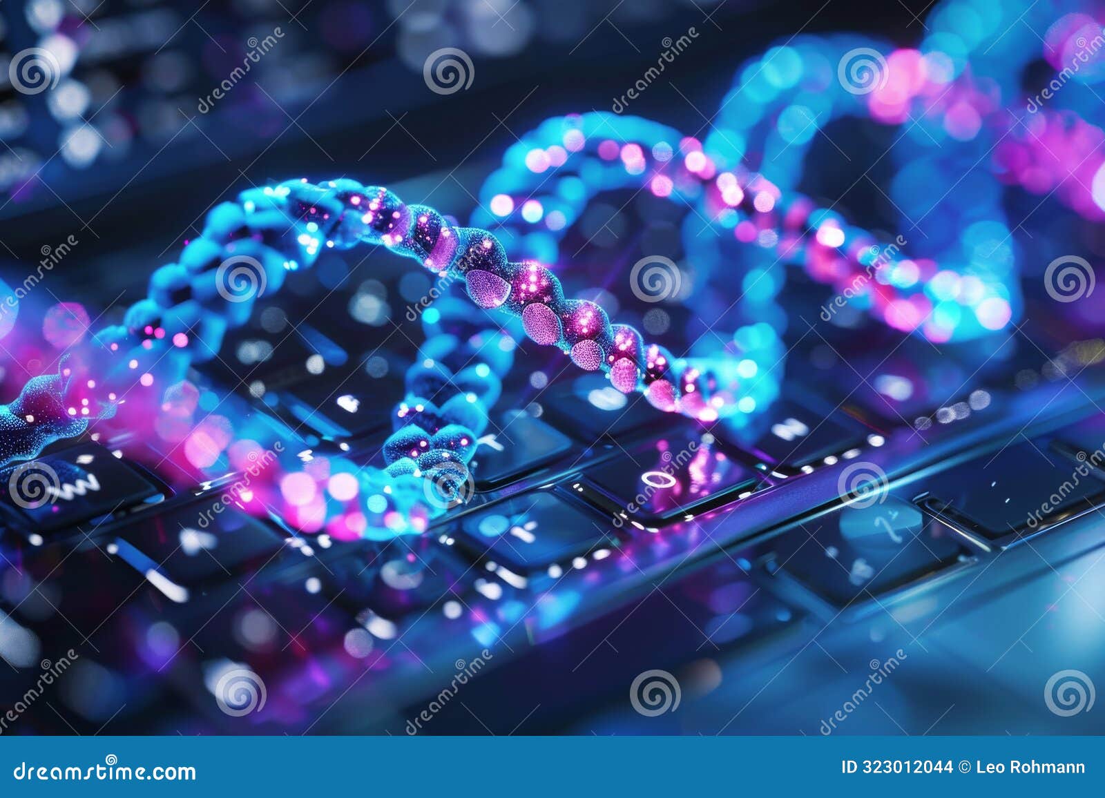 Neon Lit DNA Helix Overlay on a Laptop Keyboard, Depicting the ...