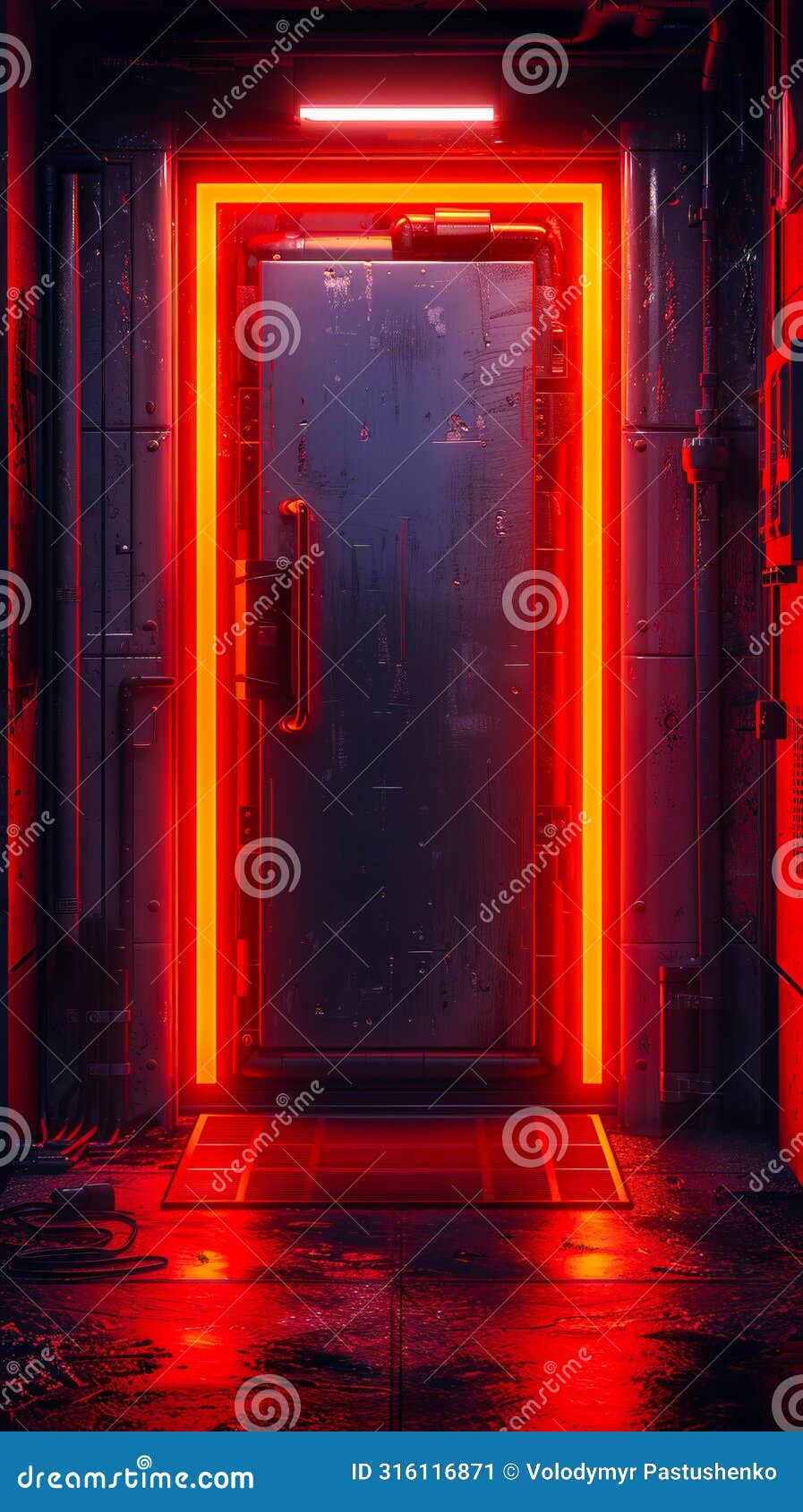 A Neon Lit Door in a Dark Room Stock Image - Image of door, elevator ...