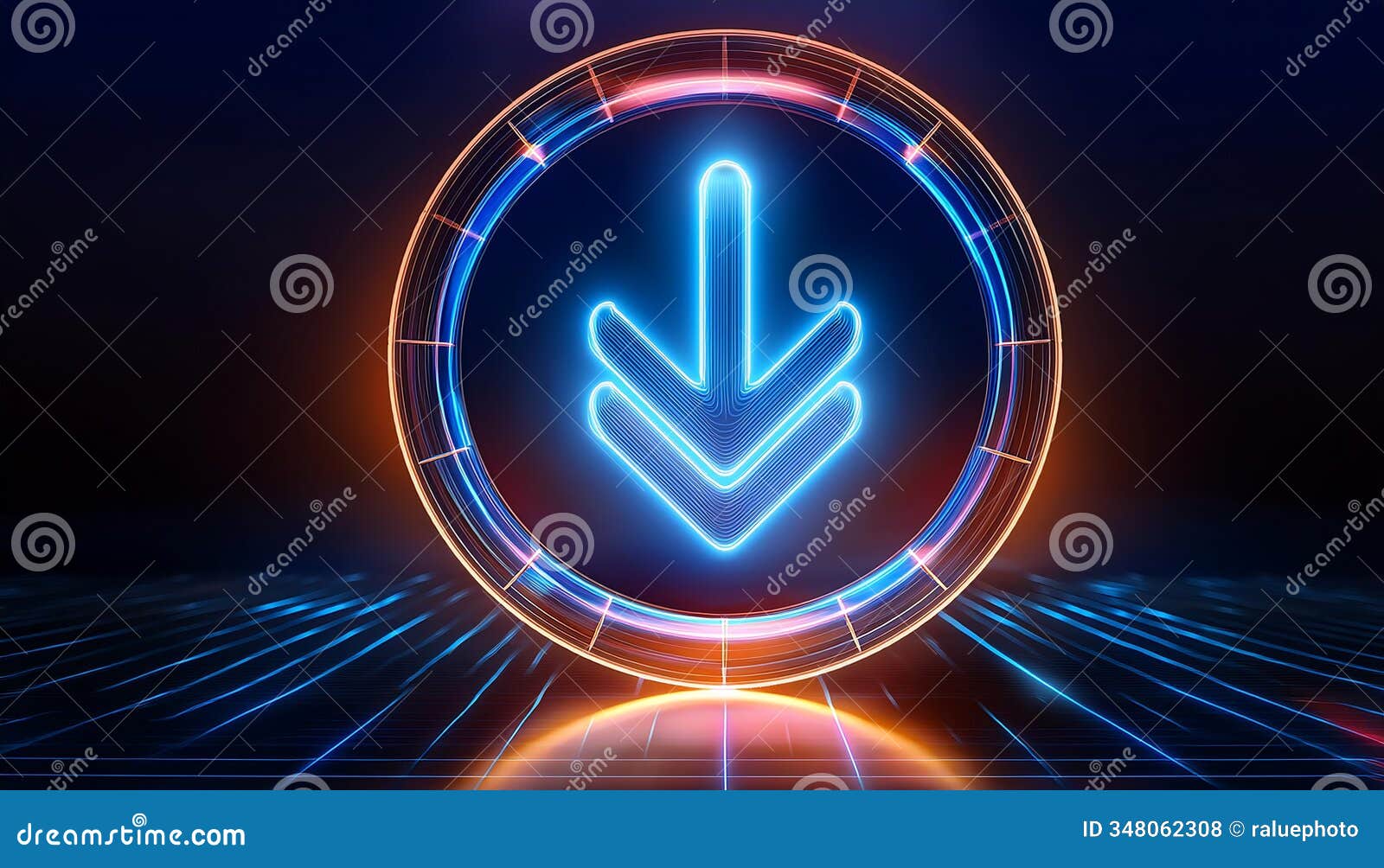 A Neon-lit Downward Arrow Inside a Circular Frame with Vibrant Blue and ...