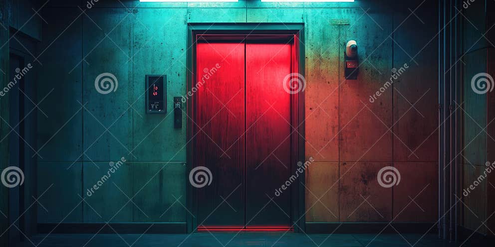 Neon-Lit Elevator Doors Beckon in an Eerie, Urban Hallway Stock Illustration - Illustration of ...