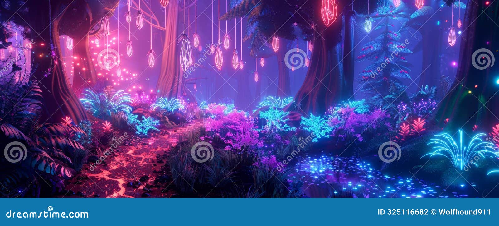 A Neon-lit Forest with Glowing Trees, Plants, and Pathways, Creating a ...