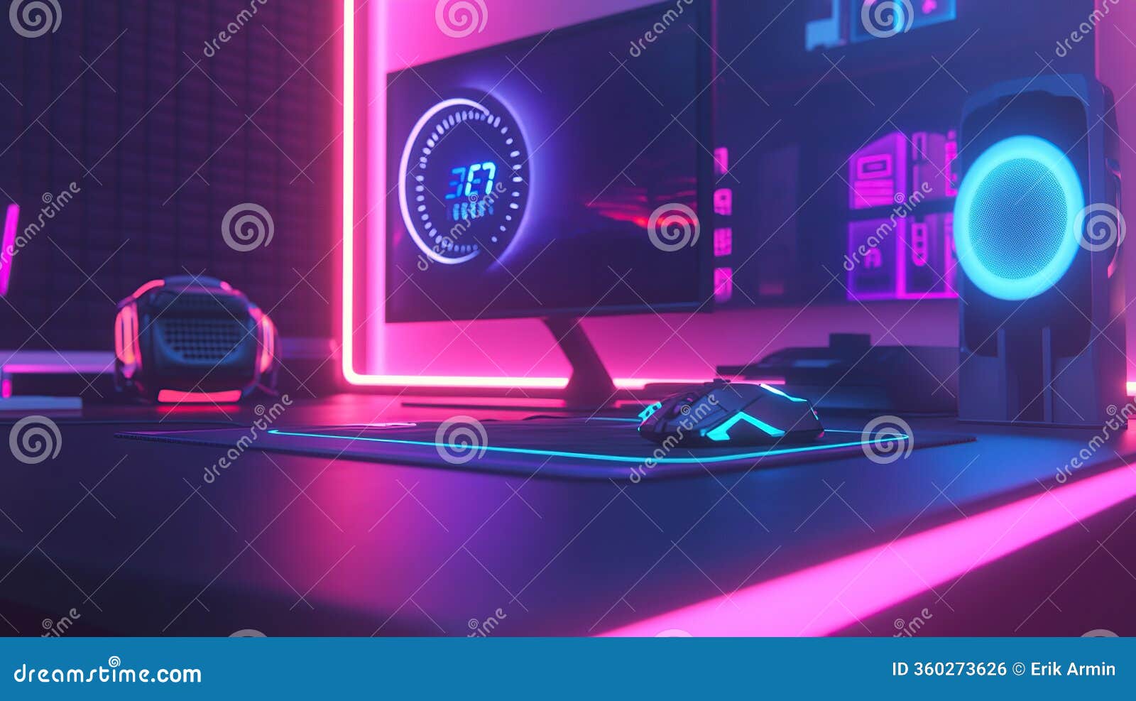 Neon-lit Gaming Setup with Computer, Peripherals, and RGB Lighting ...