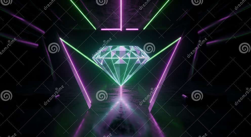 Neon-lit Geometric Diamond with Reflective Surface and Laser Light ...