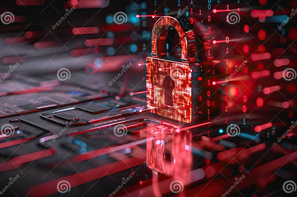 Neon-lit Padlock with Data Lines and Binary Code in Digital Space Stock Image - Image of glowing ...