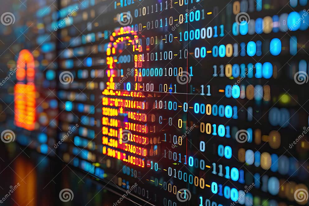 Neon-lit Padlock with Data Lines and Binary Code in Digital Space Stock Photo - Image of glow ...