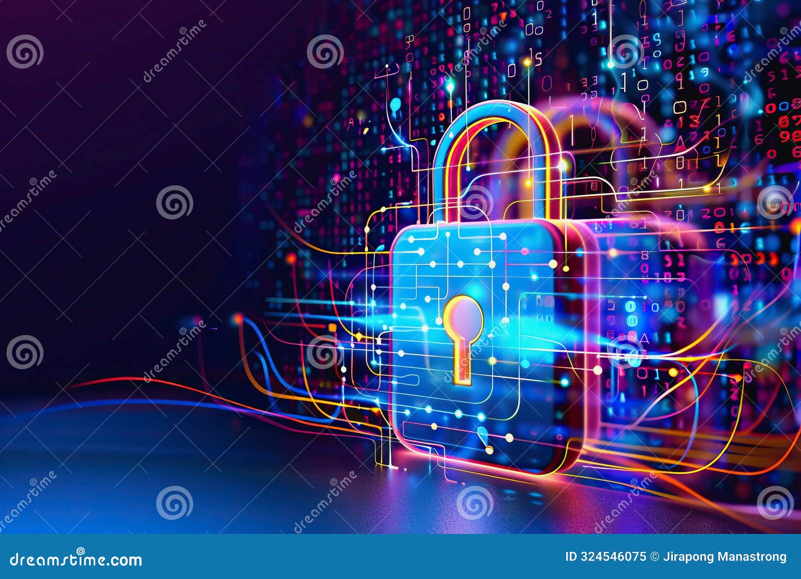 Neon-lit Padlock with Data Lines and Binary Code in Digital Space Stock Image - Image of privacy ...
