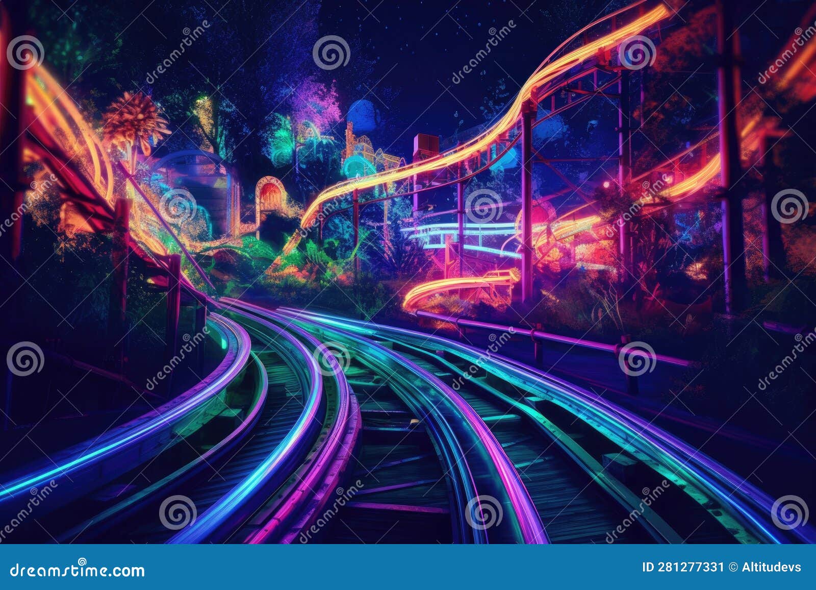 Neon-lit Roller Coaster Tracks at Night Stock Image - Image of funfair ...
