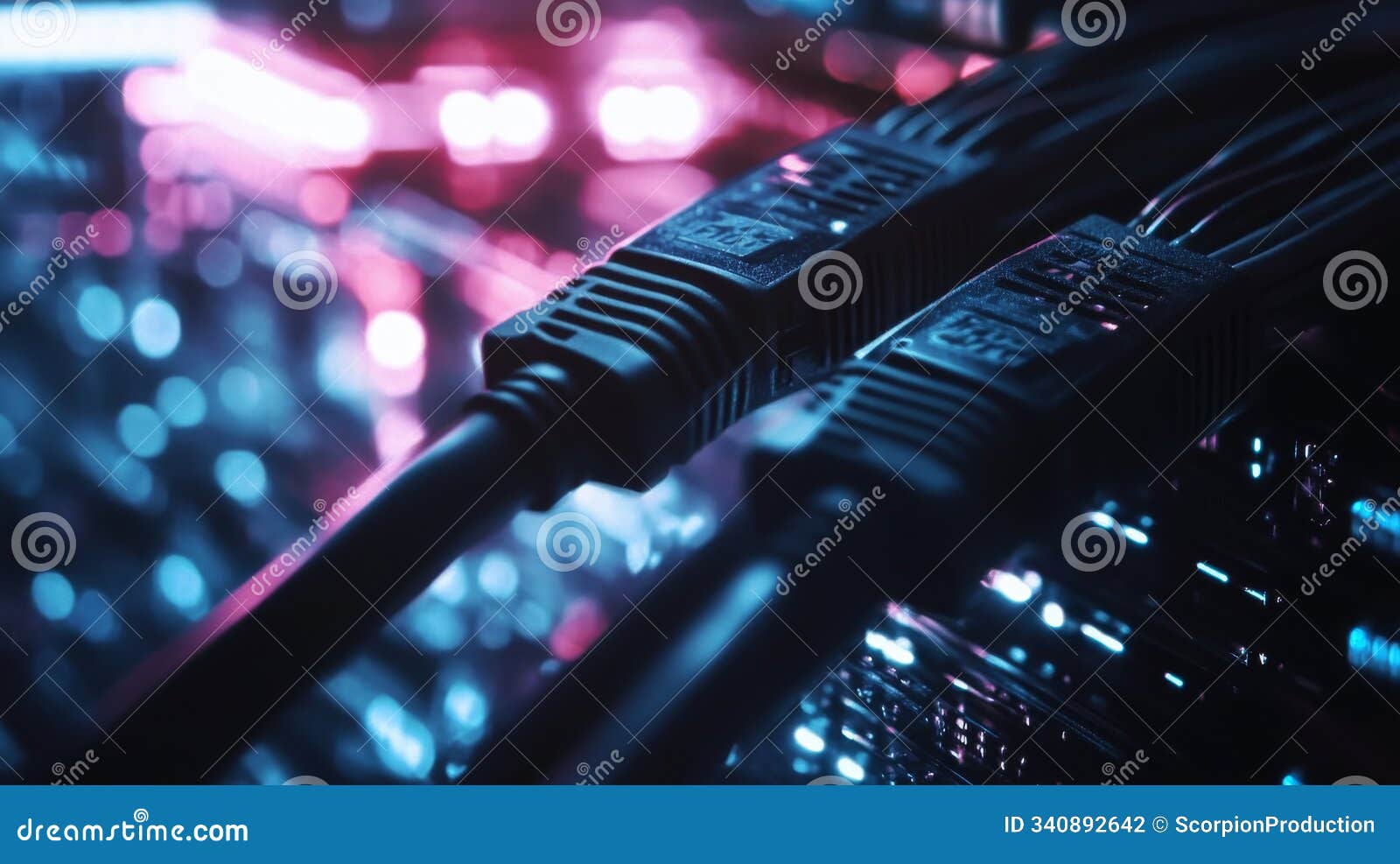 Neon-lit Server Cables Connected To Network Equipment in Data Center ...