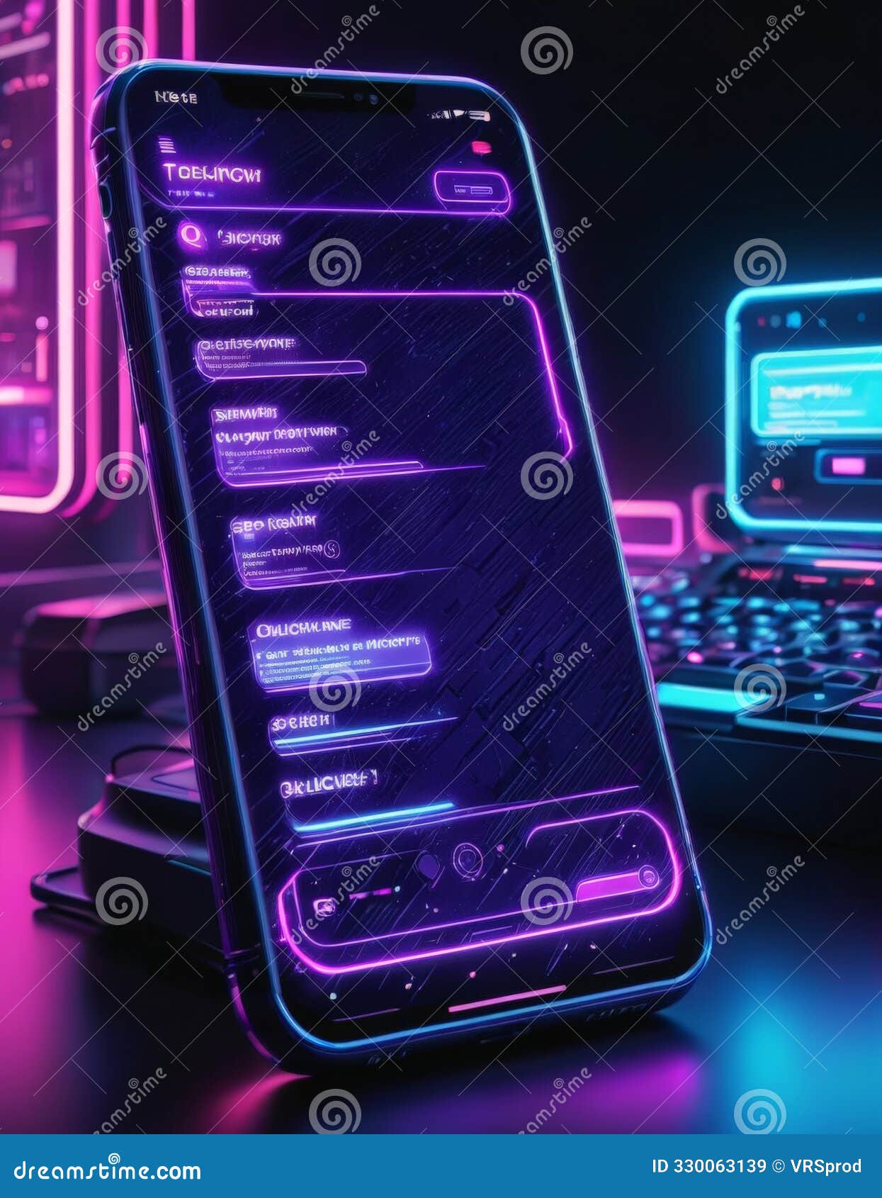 Neon-lit Smartphone Interface in a Futuristic Setting Stock Image ...