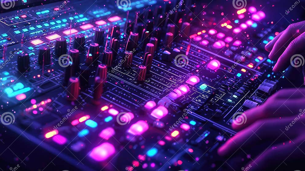 Neon-lit Sound Mixer: Hands Adjusting Controls in Vibrant Studio ...