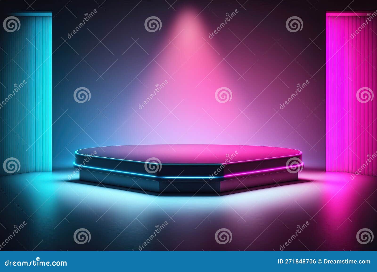 Neon Lit Stage with a Blank Platform for a Performance or Product ...