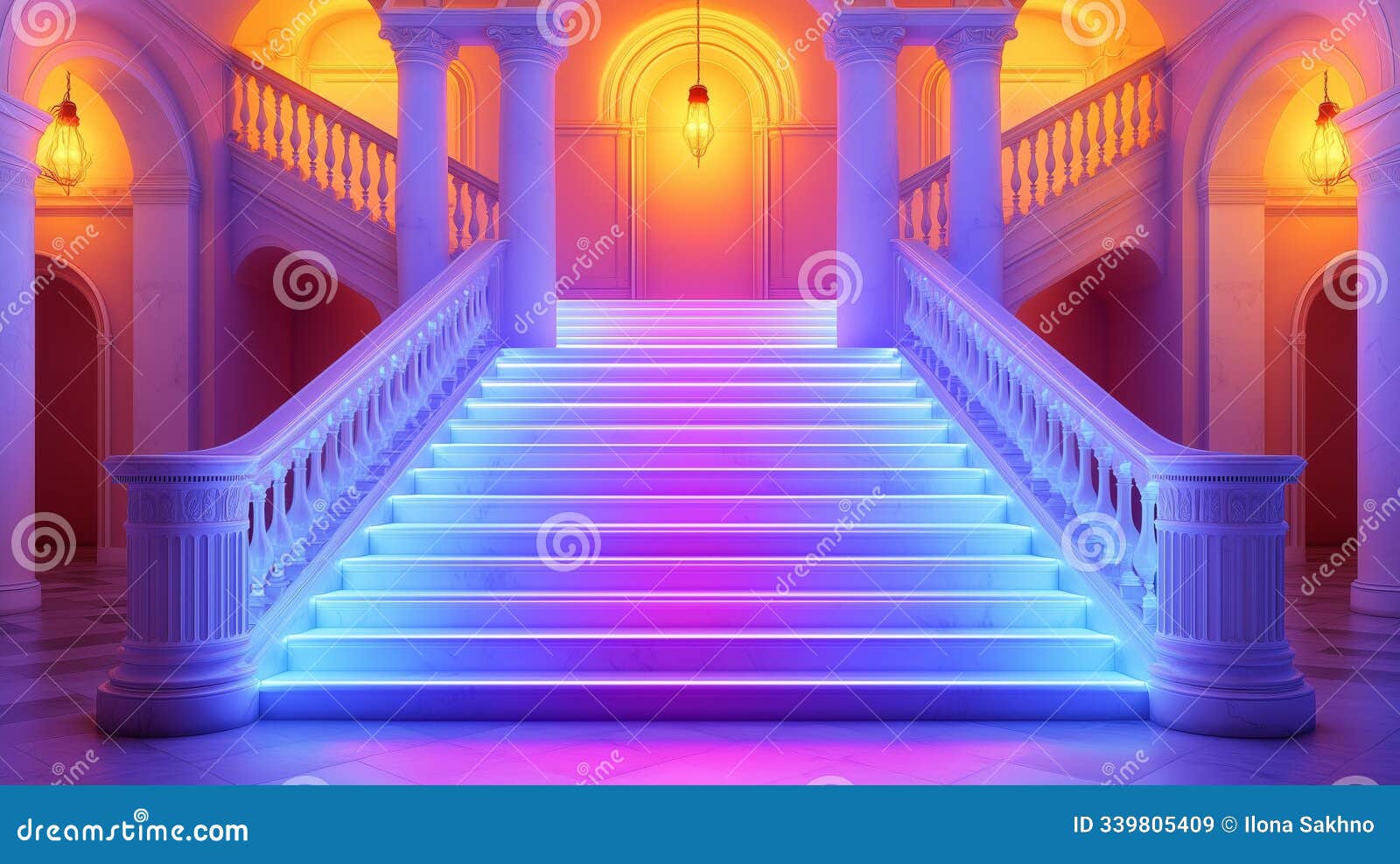 Neon-lit Staircase in a Futuristic Palace with Warm Lighting Stock ...