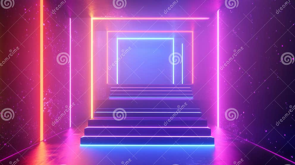 Neon Lit Steps in a Modern Abstract Room Stock Illustration ...
