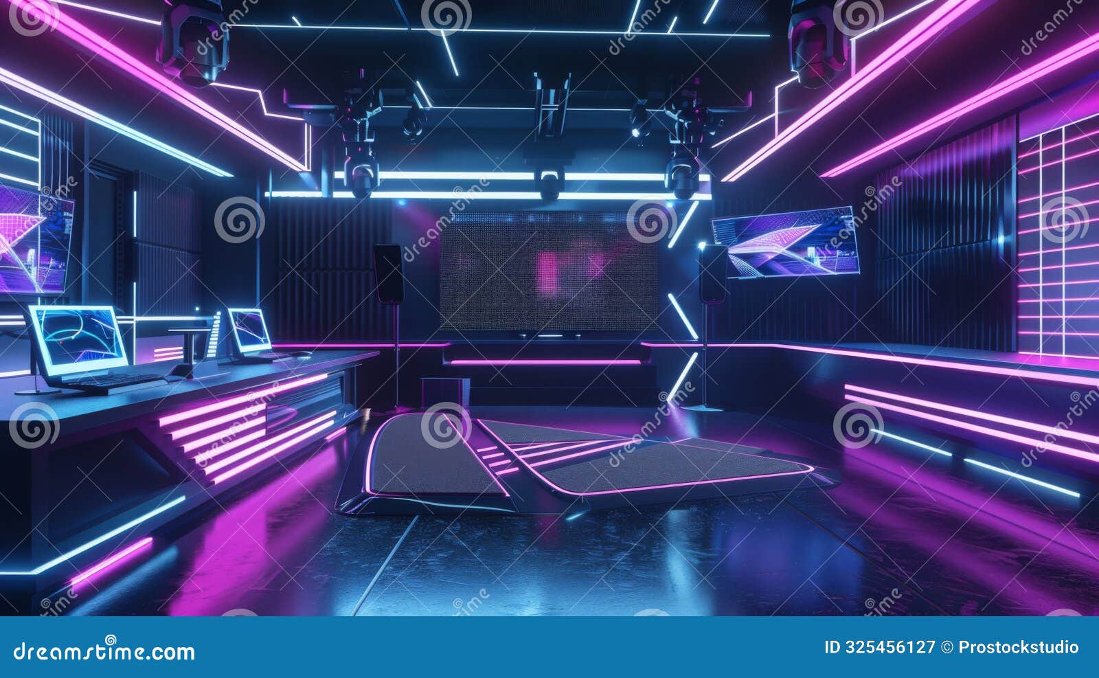 Neon Lit Studio with Desk and Platforms Stock Image - Image of modern ...